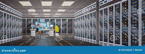 People Working In Data Center Room Hosting Server Computer Monitoring Information Database Stock
