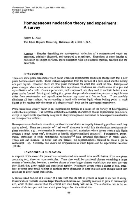 Pdf Homogeneous Nucleation Theory And Experiment A Survey