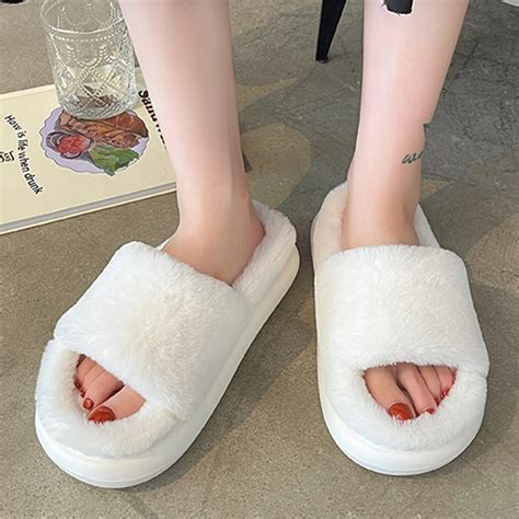 2022 푹신한 모피 모피 두꺼운 플랫폼 홈 여성 슬리퍼 따뜻한 플러시 슬라이드 미끄럼 방지 플립 플롭 야외 실내 신발 Aliexpress