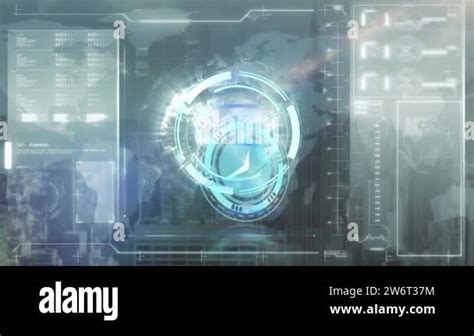 Animation Of Clock Over Scope Scanning With Globe And Data Processing On Screen Global Business