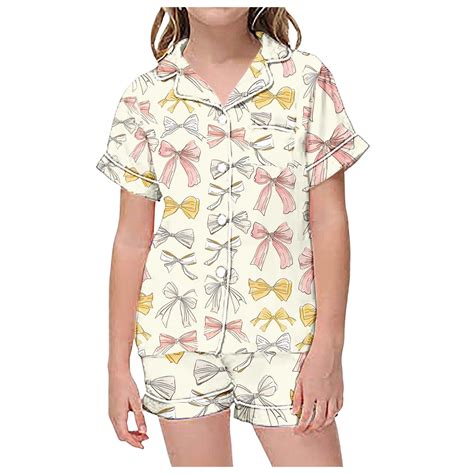 Teen Girls Silk Pajamas Set Bow Printed Button Down Solid Tops T Shirt