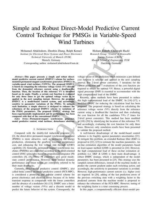Pdf Simple And Robust Direct Model Predictive Current Control Technique For Pmsgs In Variable