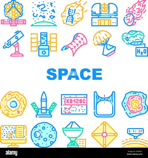 Space Researchment Equipment Icons Set Vector Hubble Telescope Tool And Virtual Planetarium