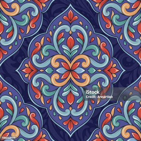 빨강 파랑 노란색 고급 장식 원활한 패턴 전통적인 터키어 인도 모티브 직물 및 섬유 벽지 포장 또는 원하는 아이디어에 적합합니다 0명에 대한 스톡 벡터 아트 및 기타 이미지