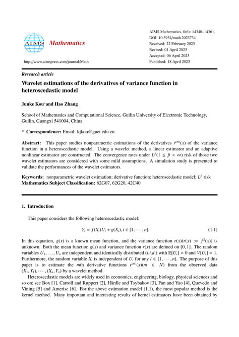 Pdf Wavelet Estimations Of The Derivatives Of Variance Function In Heteroscedastic Model