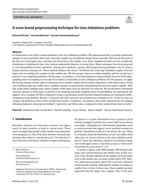 pdf a score based preprocessing technique for class imbalance problems