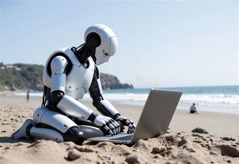 Humanoid Robot Working On Laptop Computer Artificial Intelligence Concept Stock Illustration