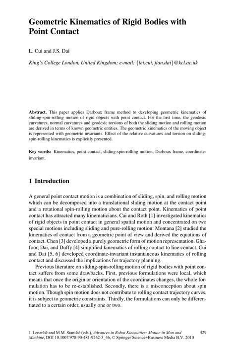 Pdf Geometric Kinematics Of Point Contact