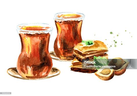 전통적인 유리에 헤 즐 넛와 라바 터키 차 흰색 배경에 고립 수채화 손으로 그린 그림 수채화에 대한 스톡 벡터 아트 및 기타