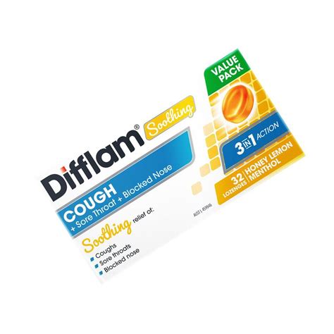 Buy Difflam Soothing Cough Sore Throat Blocked Nose Honey Lemon 32 Lozenges Online At Epharmacy®