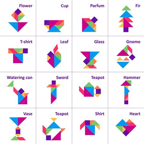 탱그램 퍼즐 Tangram 개체의 집합입니다 아이들을 위한 퍼즐 벡터 집합입니다 벡터 일러스트 레이 션 프리미엄 벡터
