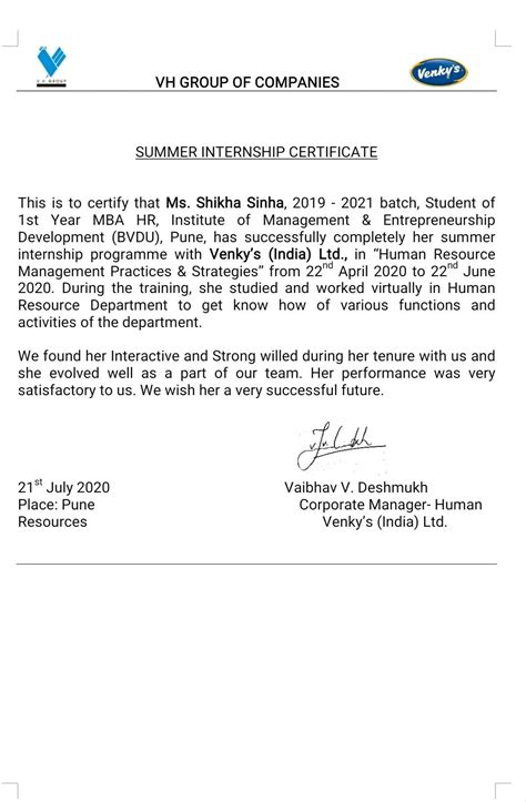 Successful Completion Of My Summer Internship At Venkys India Ltd