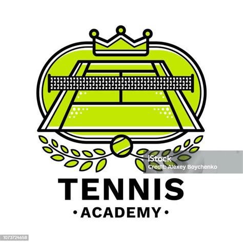 테니스 아카데미 엠 블 럼 일러스트 레이 션 현대 선 스타일 흰색 바탕에 녹색 색상 로렐 지점과 센터에서 테니스 공을 아래에서 둘러싸인 왕관과 함께 테니스 코트