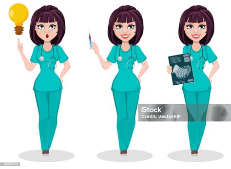 수 의사 여자 3 포즈의 설정입니다 귀여운 만화 캐릭터 전문 여성 수 의사 의사는 좋은 아이디어 보유 주사기 및 보유 하 고 X 선 촬영 흰색 배경에서 벡터 일러스트 레이