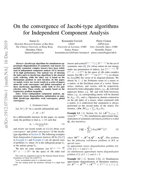 Pdf On The Convergence Of Jacobi Type Algorithms For Independent Component Analysis