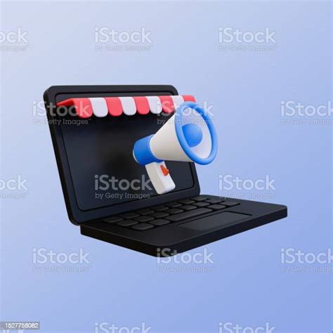 3d 최소 비즈니스 Advestisment 프로모션 발표 비즈니스 마케팅 확성기 3d 그림이 있는 상점 앞 노트북 0명에 대한 스톡 사진 및 기타 이미지 Istock