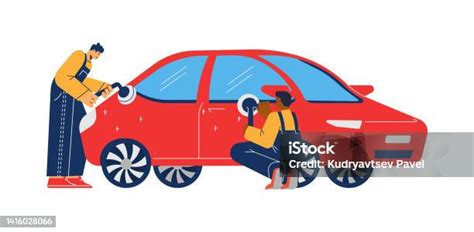 자동차 수리점 노동자는 차를 연마 플랫 벡터 일러스트 레이 션 격리 교통사고 충돌 사고에 대한 스톡 벡터 아트 및 기타 이미지