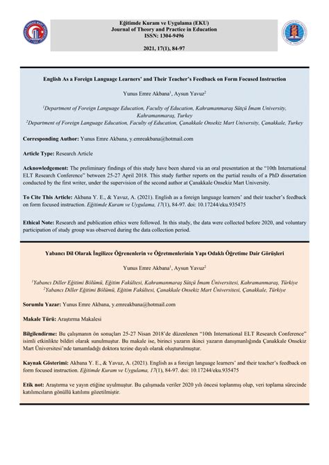 Pdf English As A Foreign Language Learners And Their Teachers Feedback On Form Focused