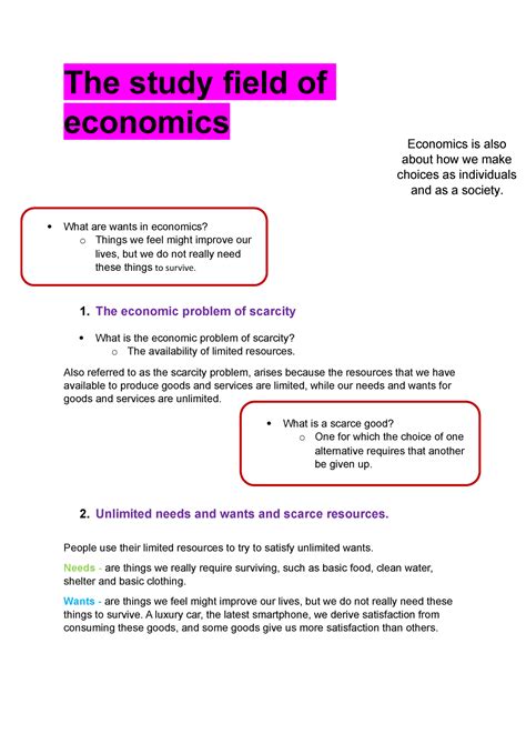 ECS Unit Study Notes Topic One The Study Field Of Economics O The Economic Problem