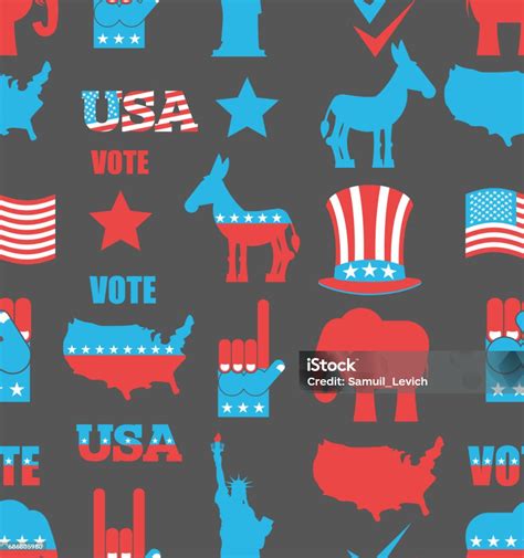 미국 선거 완벽 한 패턴입니다 공화당 코끼리 그리고 민주당 당나귀 장식입니다 미국 Bacground에서 정당의 기호입니다 자유와 미국 지도의 동상입니다 주먹과 엉클 샘