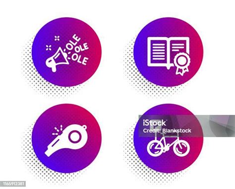 올레 찬송가 디플로마와 휘파람 아이콘 세트 자전거 주차 표지판 메가폰 배지가 있는 문서 킥오프 벡터 경쟁에 대한 스톡 벡터 아트 및 기타 이미지 Istock