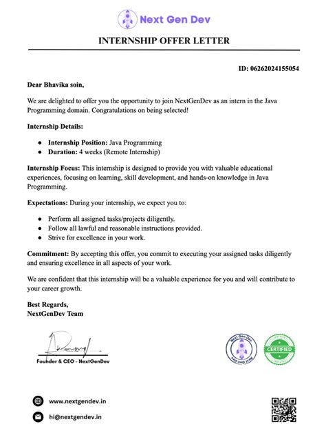 Bhavika Soin On Linkedin Javaprogramming Internship Nextgendev Careergrowth