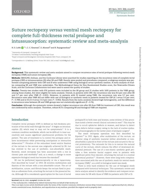 Suture Rectopexy Versus Ventral Mesh Rectopexy Prolapse Rectal Pdf Medical Specialties