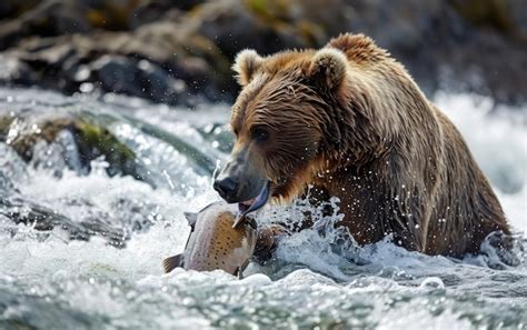 Premium Photo Grizzly Bear Catching A Salmon In Its Powerful Jaws