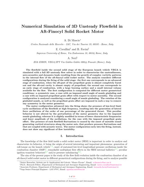 Pdf Numerical Simulation Of 3d Unsteady Flowfield In Aft Finocyl Solid Rocket Motor