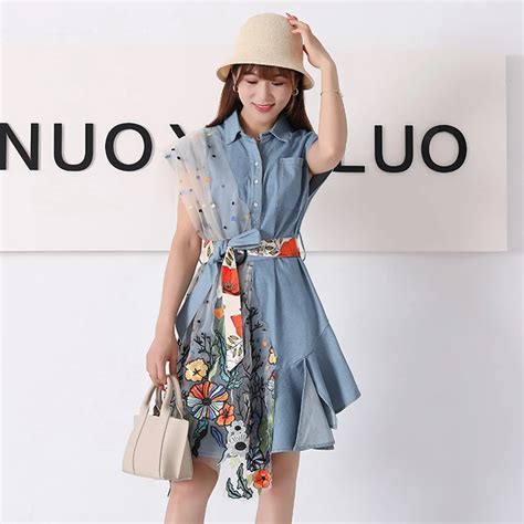 여름 짧은 소매 여성 진 드레스 패션 꽃 자수 얇은 명주 그물 패치 워크 여성 데님 드레스 벨트 Streetwear Vestido Aliexpress