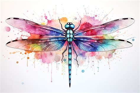 Watercolor Illustration Of A Multicolored Dragonfly On A White
