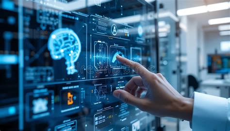 Touching Digital Screen Displaying Brain Scan And Data Analysis Interface Stock Illustration