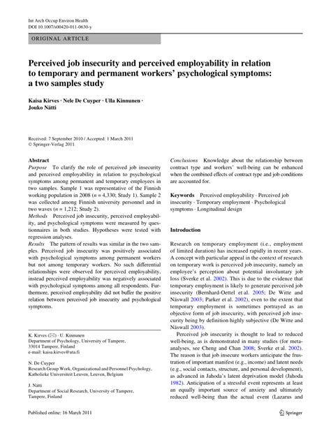 Pdf Perceived Job Insecurity And Perceived Employability In Relation To Temporary And