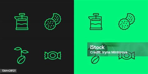 세트 라인 캔디 커피 콩 프랑스 프레스와 쿠키 또는 비스킷 아이콘 벡터 검은색에 대한 스톡 벡터 아트 및 기타 이미지 검은색 곡초류 녹색 Istock