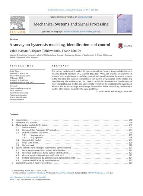 pdf a survey on hysteresis modeling identification and control