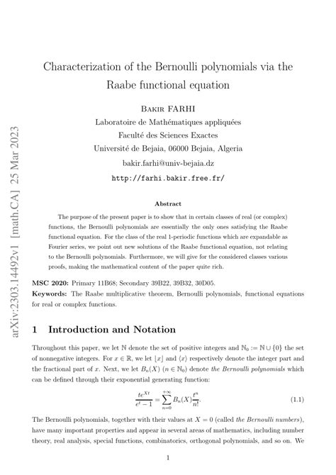 Pdf Characterization Of The Bernoulli Polynomials Via The Raabe
