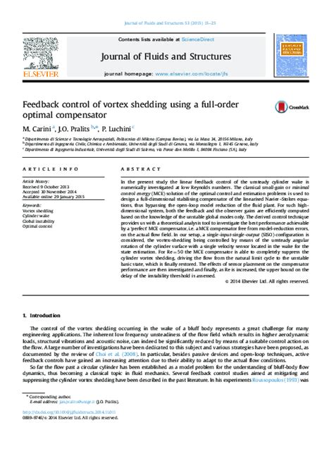 Pdf Feedback Control Of Vortex Shedding Using A Full Order Optimal