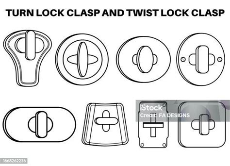 턴 잠금 걸쇠 클로저 및 트위스트 잠금 걸쇠 버클 플랫 스케치 벡터 그림 가방 지갑 및 핸드백 잠금 장치 클로저 버클 Cad
