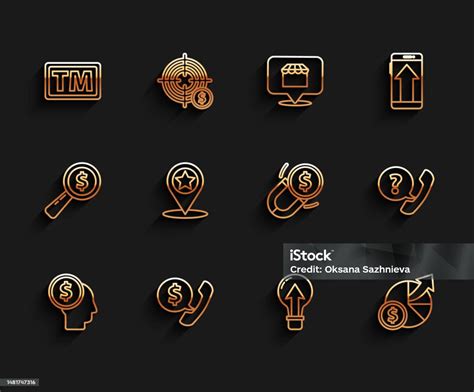 설정 라인 비즈니스 남자 계획 마음 전화 핸드셋 및 말풍선 채팅 상표 전구 돈 다이어그램 그래프 별이있는지도 포인터 및 자석 돈 아이콘 벡터 가방에 대한 스톡 벡터 아트 및