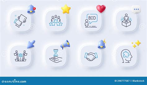 Teamwork Time Hourglass And Employees Handshake Line Icons For Web App Printing Vector Stock