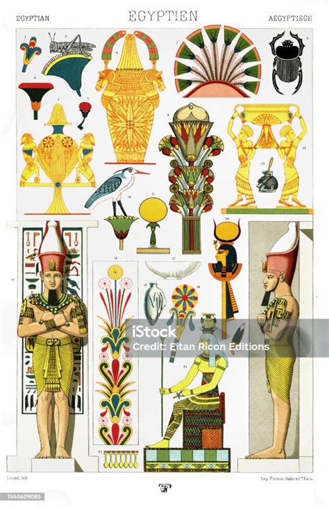 이집트 컬러 높고 낮은 부조 그림 다양한 물건 색상 장식 1886 새긴 이미지에 대한 스톡 벡터 아트 및 기타 이미지 Istock