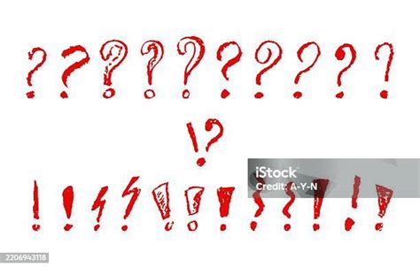 느낌표 및 물음표 기호가 설정됩니다 빨간 크레용 손으로 쓴 표지판 낙서 아이콘 모음 말풍선 강조 중요 또는 위험 경고 텍스트에 대한 컬렉션 벡터 그래피티 또는 스케치 스타일