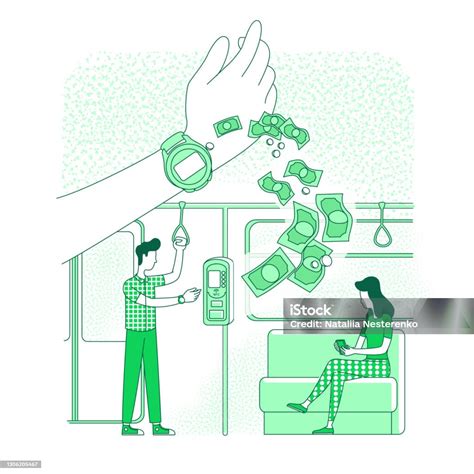 웨어러블 장치 스마트 클럭 씬 라인 컨셉 벡터 일러스트레이션 지하철 승객 웹 디자인에 대한 전자 티켓 2d 만화 문자를 구입하는