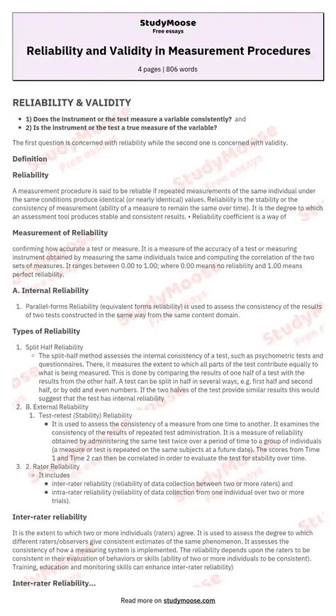 Reliability And Validity In Measurement Procedures Free Essay Example