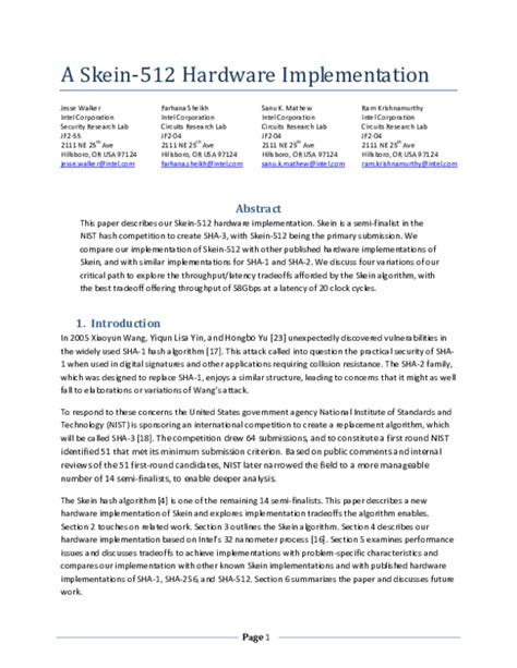 Pdf A Skein 512 Hardware Implementation Jesse Walker