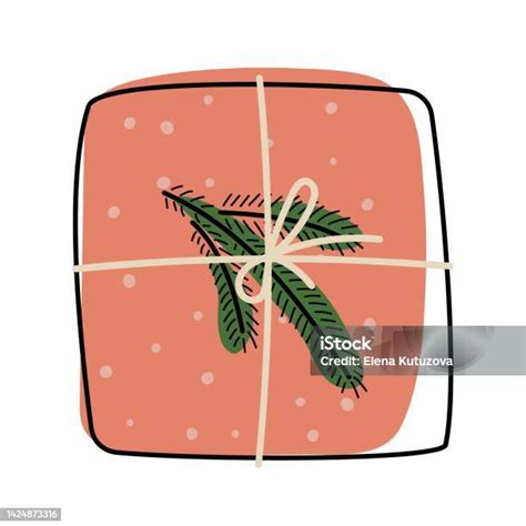 가문비 나무 나뭇 가지로 재활용 된 빨간 종이에 싸인 선물 상자 손으로 크래프트 종이에 환경 친화적 인 포장 선물을 만들었습니다 스케치 벡터 일러스트레이션 계절 요소 축하