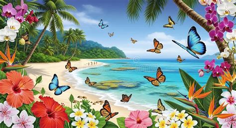 Tropical Paradise Beach Butterflies Flowers Palm Trees Stock
