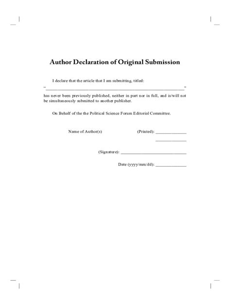 Fillable Online Author Declaration Of Original Submission Fax Email