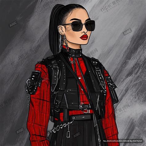 Ai创作图个性潮酷形象设计 时装画作业 酷帅潮流插画 炫酷女孩 潮牌服饰插画 潮牌服装插画 红配黑 时尚酷黑 网红潮流插画 硬派风格 国潮女 时尚高清画 时尚炫酷 赛博朋克时尚 潮流服饰插画