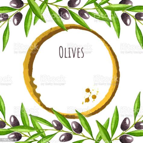 라벨 배너 엽서 벡터 수채화 둥근 반점이있는 올리브 가지 비문을위한 장소 손 그림을위한 템플릿 0명에 대한 스톡 벡터 아트 및 기타 이미지 Istock